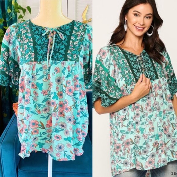Gigio | Tops | Gigio I Sea Green Mint Floral Print Lace Up Top Tunic ...
